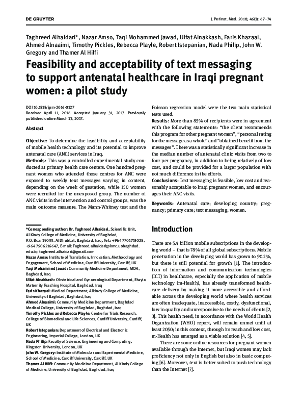 (PDF) Text Messaging to Enhance Antenatal Care in Iraq