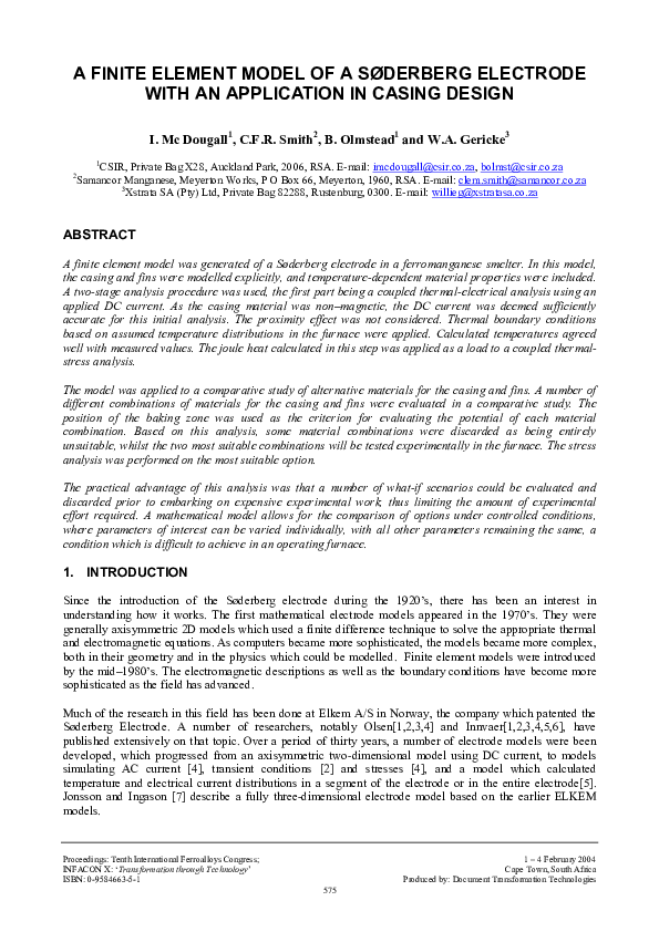 (PDF) A Finite Element Model of a Søderberg Electrode with an Application in Casing Design