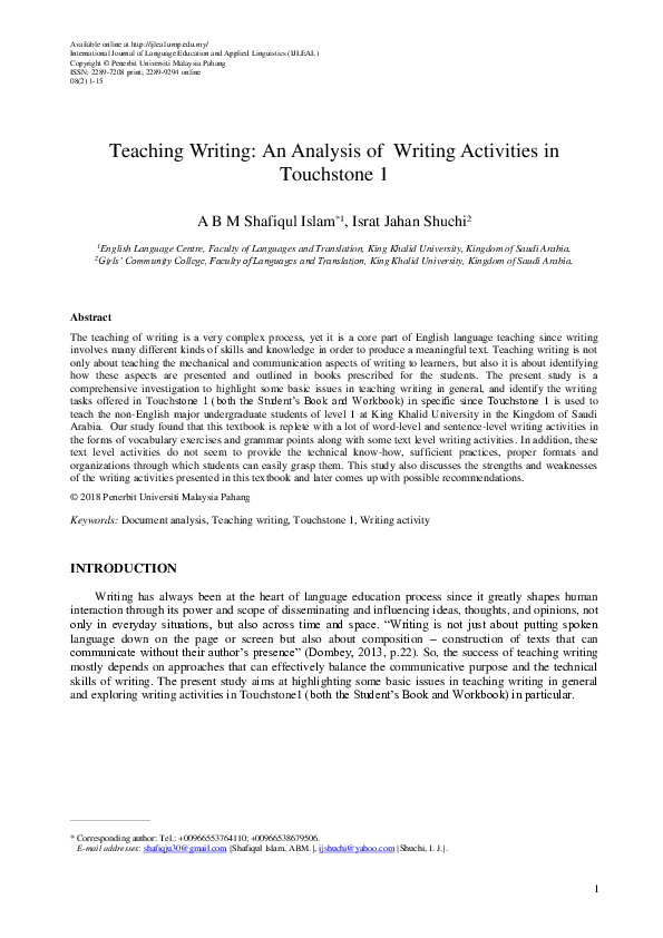 (PDF) Teaching Writing: An Analysis of Writing Activities in Touchstone ...