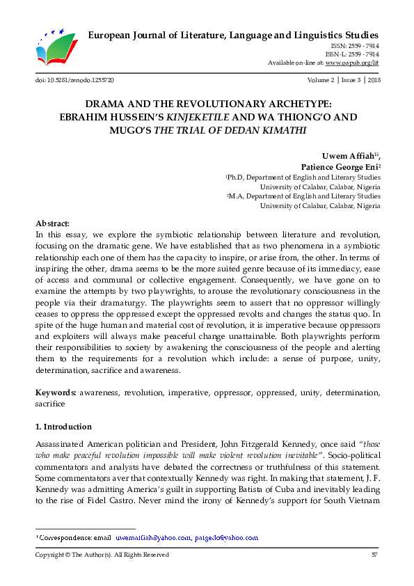 (PDF) Drama And The Revolutionary Archetype: Ebrahim Hussein'S ...