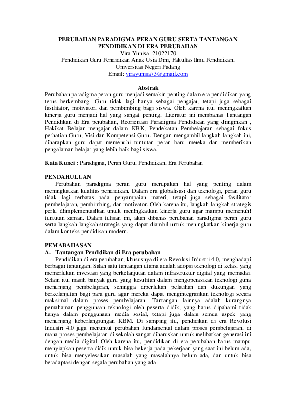 (PDF) PERUBAHAN PARADIGMA PERAN GURU SERTA TANTANGAN PENDIDIKAN DI ERA ...