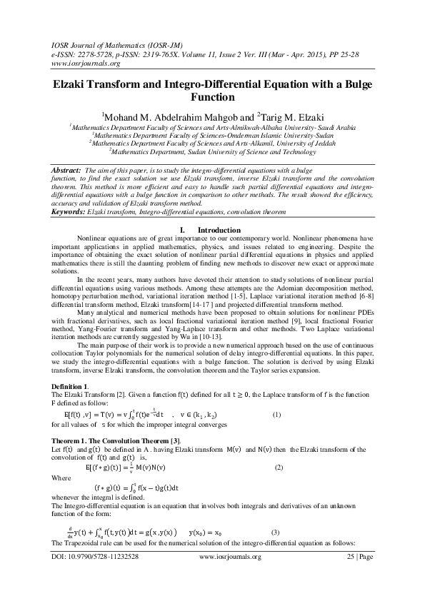 Pdf Elzaki Transform And Integro Differential Equation With A Bulge Function Tarig M