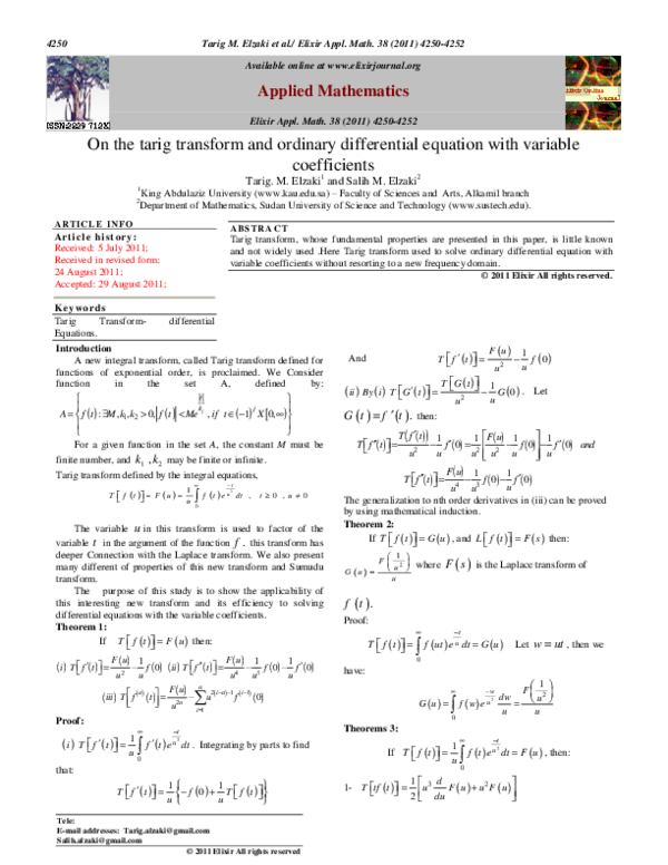 Pdf On The Elzaki Transform And Ordinary Differential Equation With Variable Coecients Tarig