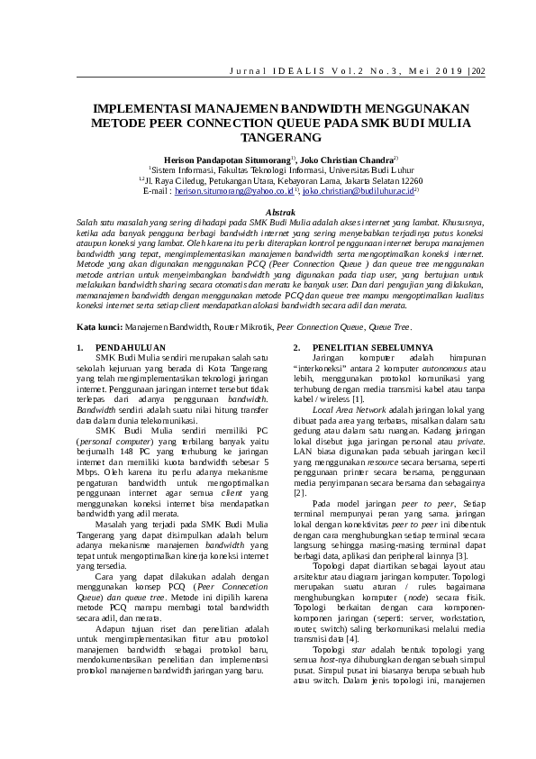 (PDF) Implementasi Manajemen Bandwidth Menggunakan Metode Peer Connection Queue Pada SMK Budi ...