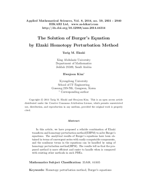 (PDF) The solution of Burger's equation by Elzaki homotopy perturbation ...