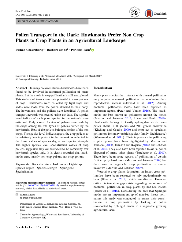 (PDF) Pollen Transport in the Dark: Hawkmoths Prefer Non Crop Plants to ...