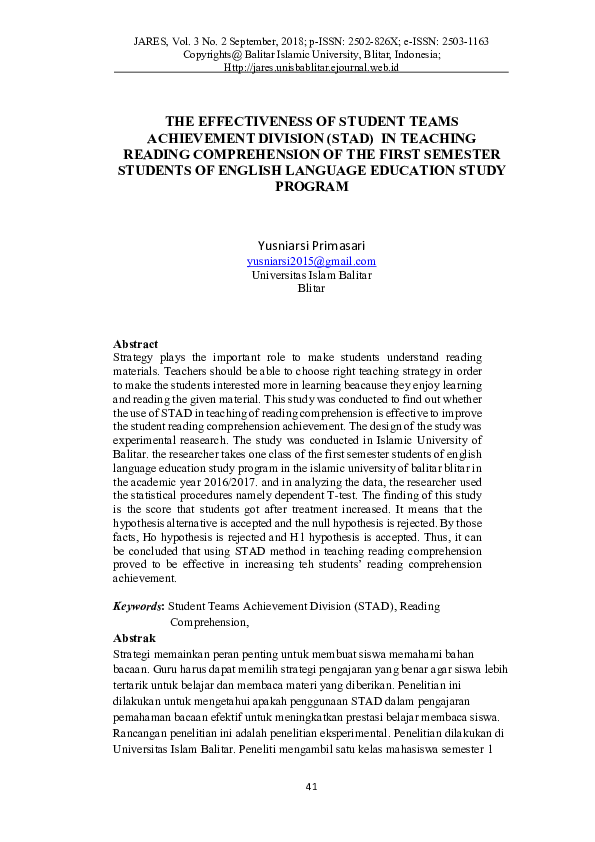 (PDF) The Effectiveness of Student Teams Achievement Division (Stad) in Teaching Reading ...