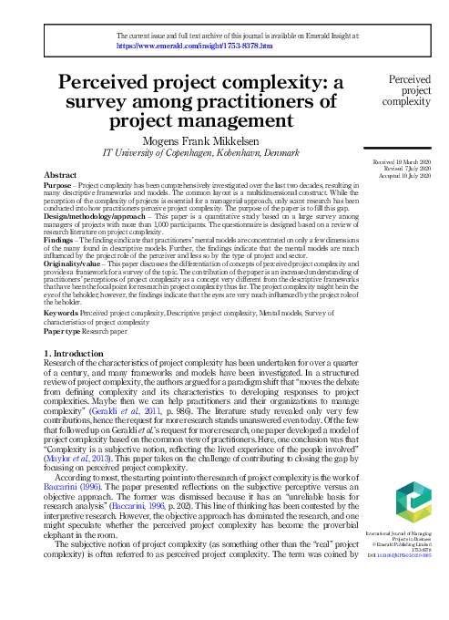 (PDF) Perceived project complexity: a survey among practitioners of project management