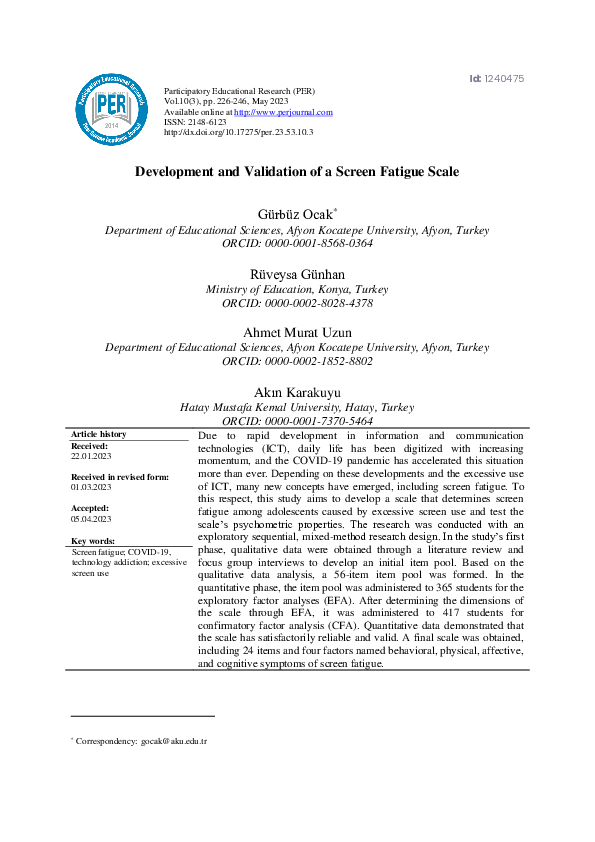 (PDF) Development and Validation of a Screen Fatigue Scale