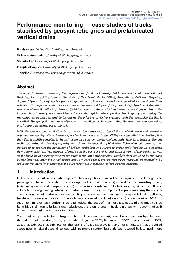 (PDF) Performance monitoring — case studies of tracks stabilised by geosynthetic grids and ...
