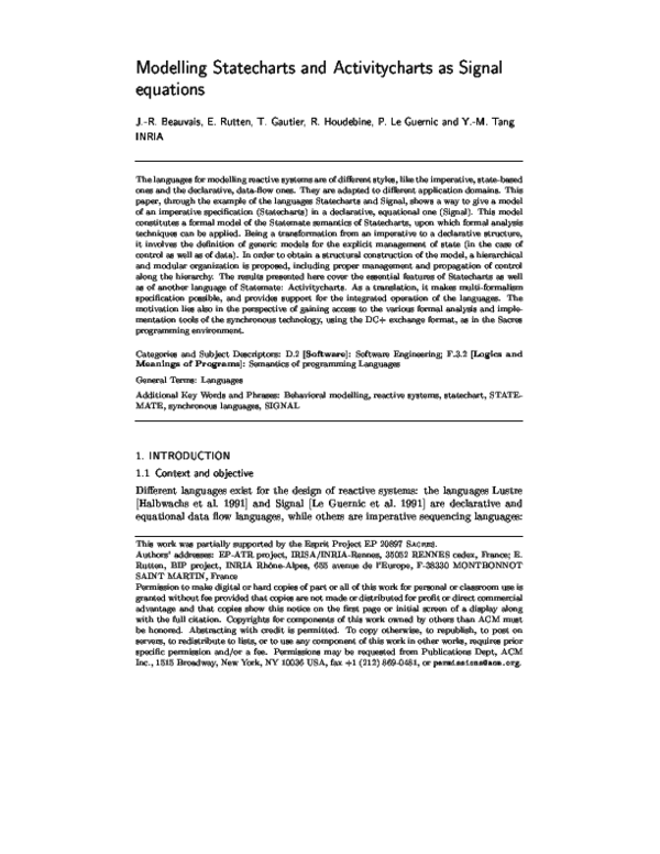(PDF) Modelling Statecharts and Activitycharts as Signal equations