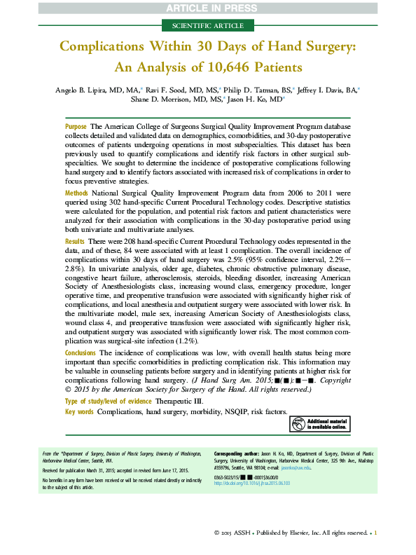 (PDF) Complications Within 30 Days of Hand Surgery: An Analysis of ...