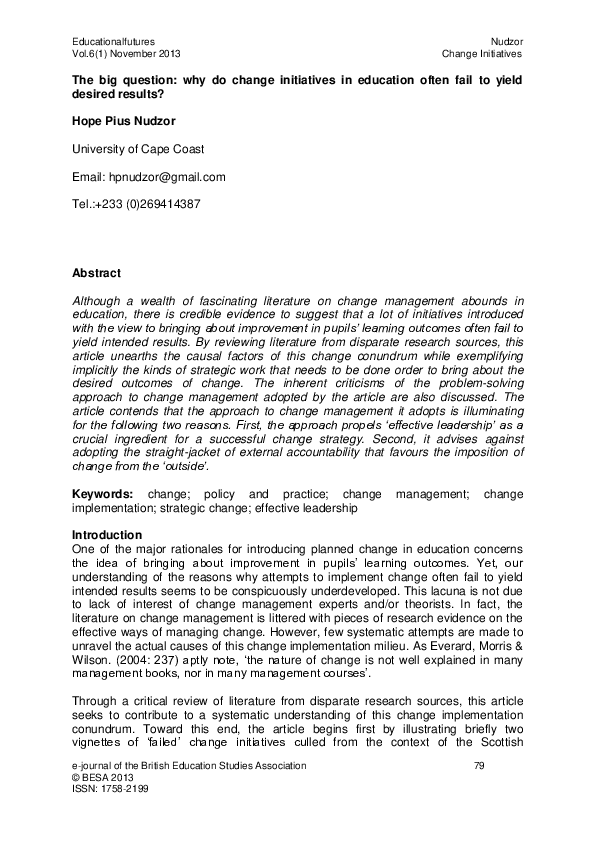 (PDF) The big question: why do change initiatives in education often fail to yield desired results?