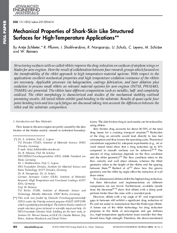 (PDF) Mechanical Properties of Shark‐Skin Like Structured Surfaces for ...