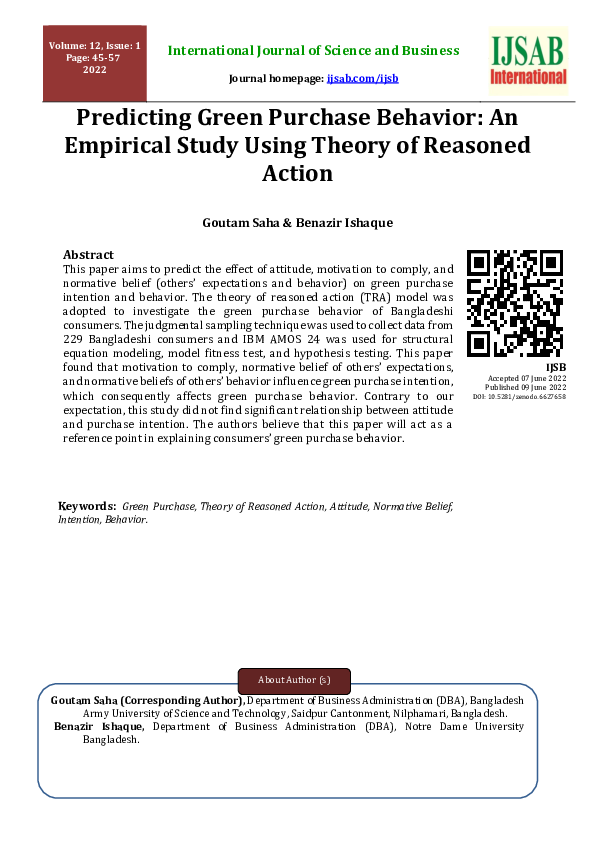 (PDF) Predicting Green Purchase Behavior: An Empirical Study Using Theory of Reasoned Action