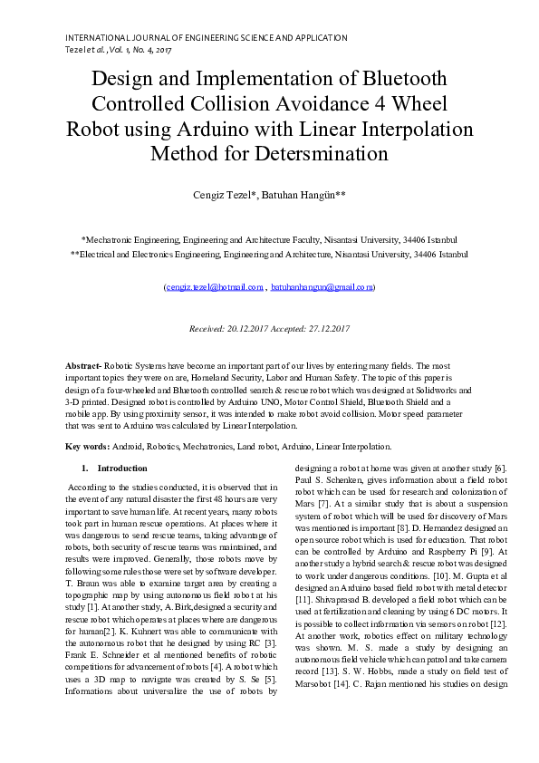 Pdf Design And Implementation Of Bluetooth Controlled Collision Avoidance 4 Wheel Robot Using