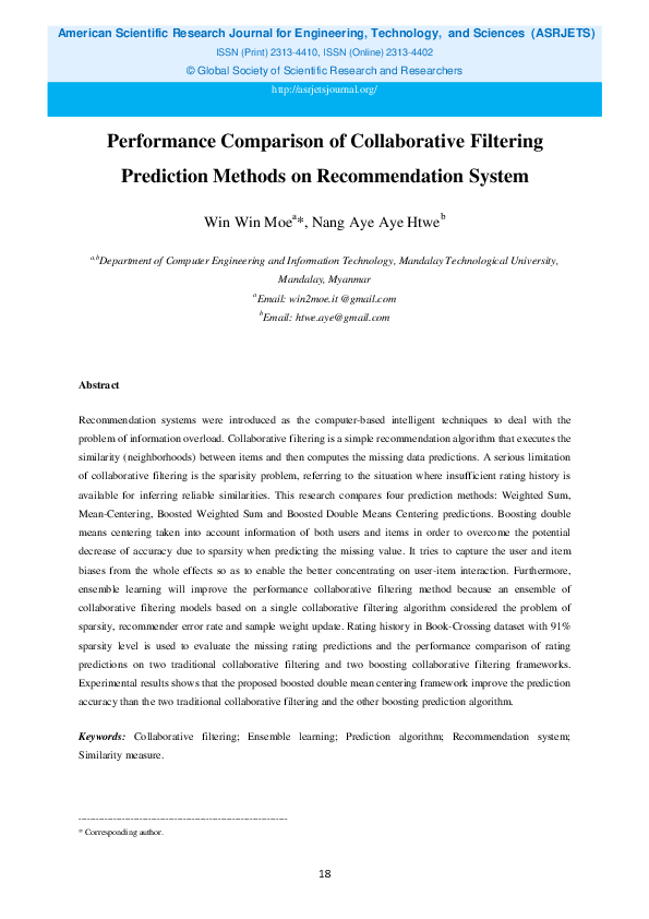 Pdf Performance Comparison Of Collaborative Filtering Prediction