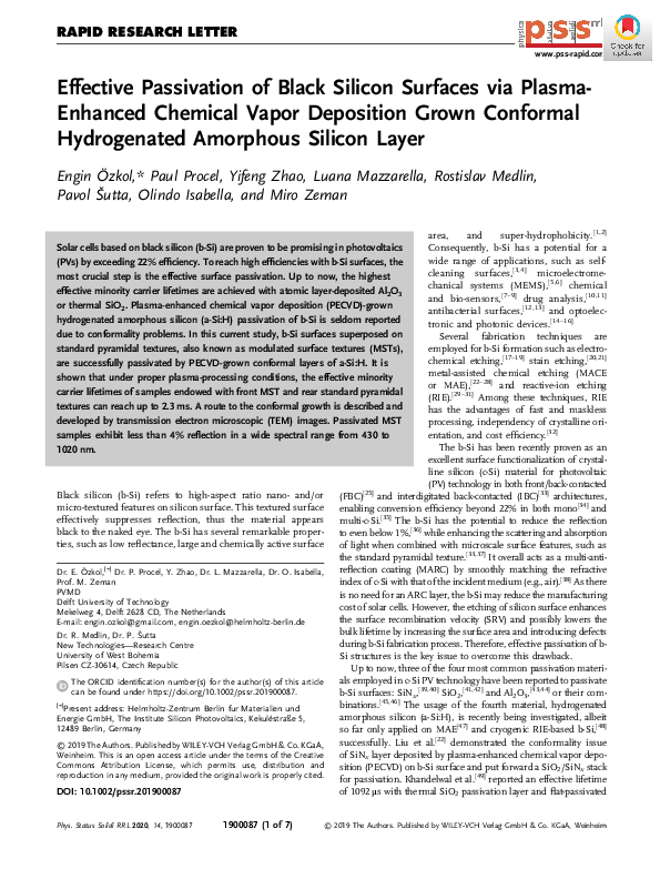 (PDF) Effective Passivation of Black Silicon Surfaces via Plasma‐Enhanced Chemical Vapor ...