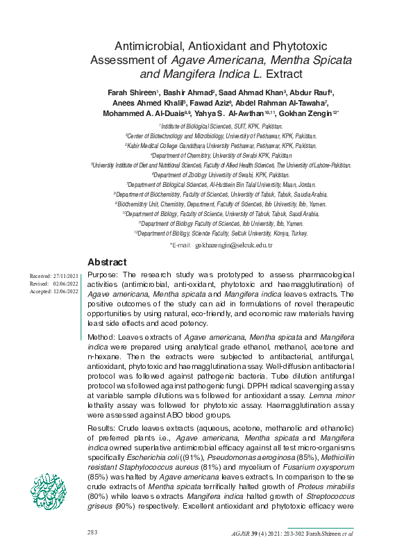 (PDF) Antimicrobial, Antioxidant and Phytotoxic Assessment of Agave Americana, Mentha Spicata ...