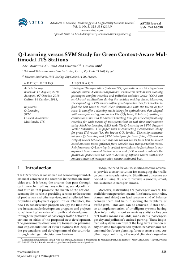 (PDF) Q-Learning versus SVM Study for Green Context-Aware Multimodal ITS Stations