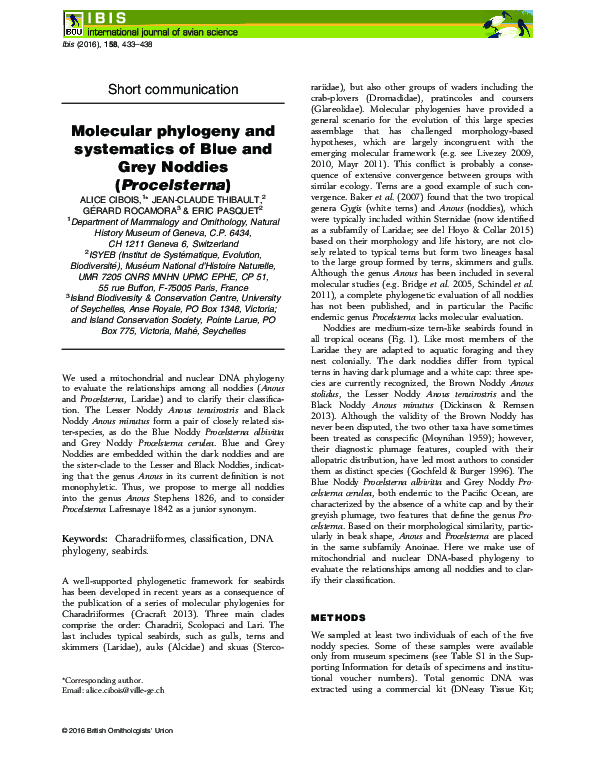 (PDF) Molecular phylogeny and systematics of Blue and Grey Noddies ...