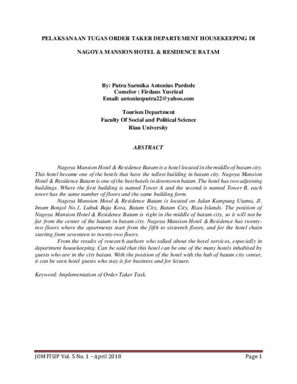 (PDF) Pelaksanaan Tugas Order Taker Departement Housekeeping Di Nagoya ...