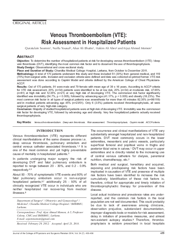 (PDF) Venous thromboembolism (VTE): risk assessment in hospitalized patients