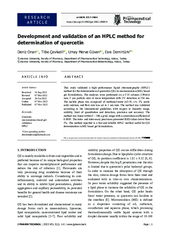 (PDF) Development and validation of an HPLC method for determination of quercetin