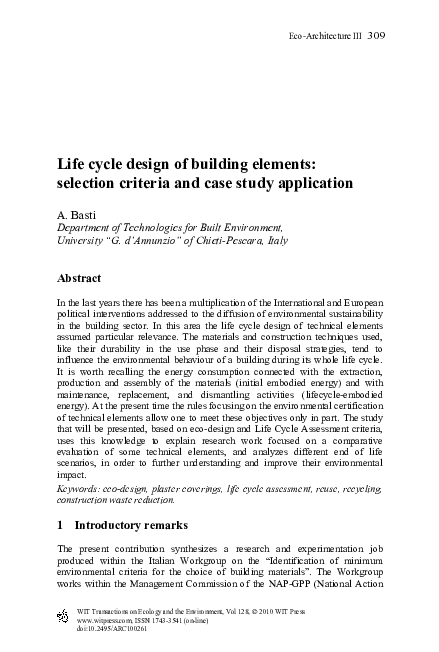 (PDF) Life cycle design of building elements: selection criteria and ...