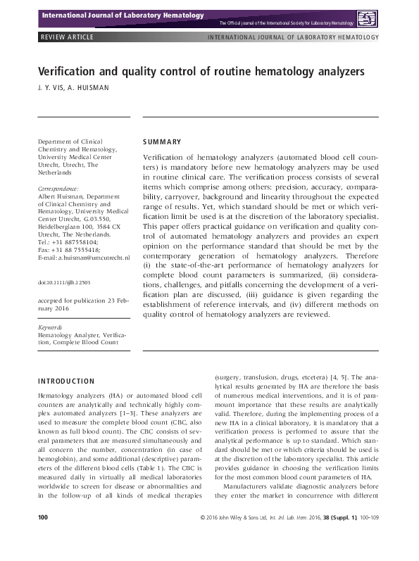 (PDF) Verification and quality control of routine hematology analyzers