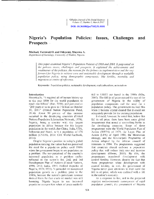 (PDF) Nigeria’s Population Policies: Issues, Challenges and Prospects