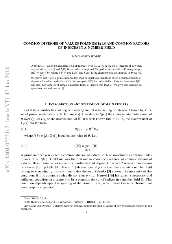 (PDF) Common Divisors of Values Polynomials and common factors of indices in a Number Field