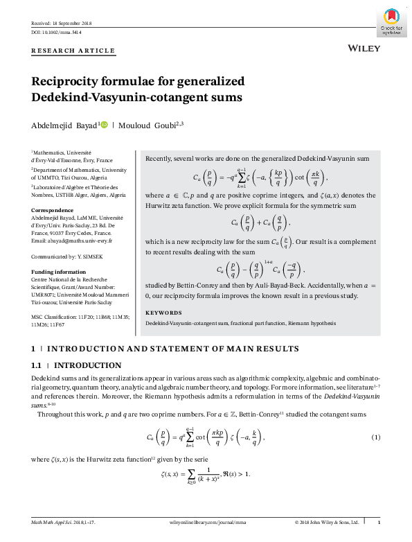 (PDF) Reciprocity formulae for generalized Dedekind‐Vasyunin‐cotangent sums