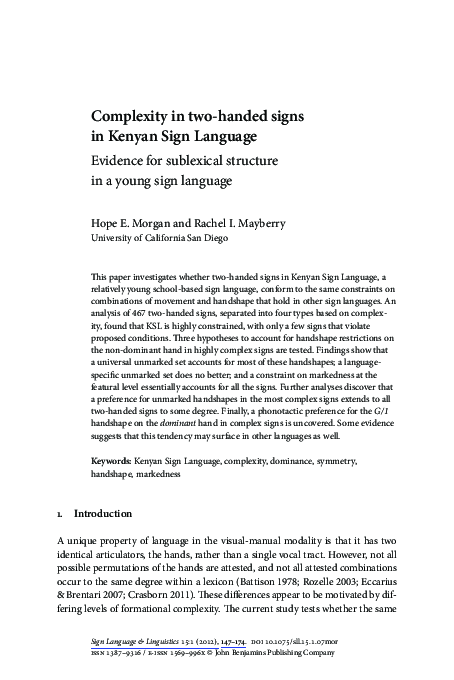 (PDF) Complexity in two-handed signs in Kenyan Sign Language