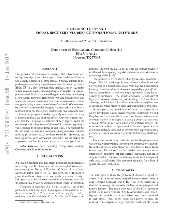 (PDF) Learning to invert: Signal recovery via Deep Convolutional Networks