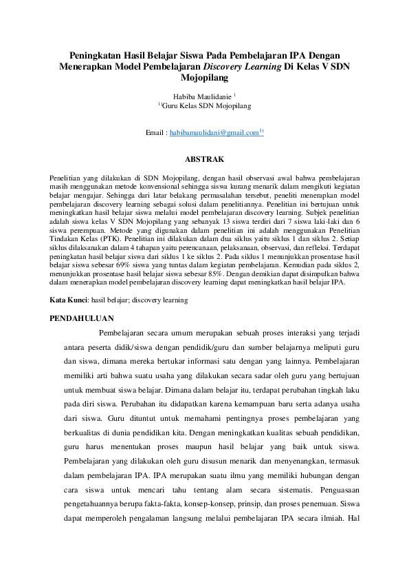 (PDF) Peningkatan Hasil Belajar Siswa Pada Pembelajaran IPA Dengan Menerapkan Model Pembelajaran ...