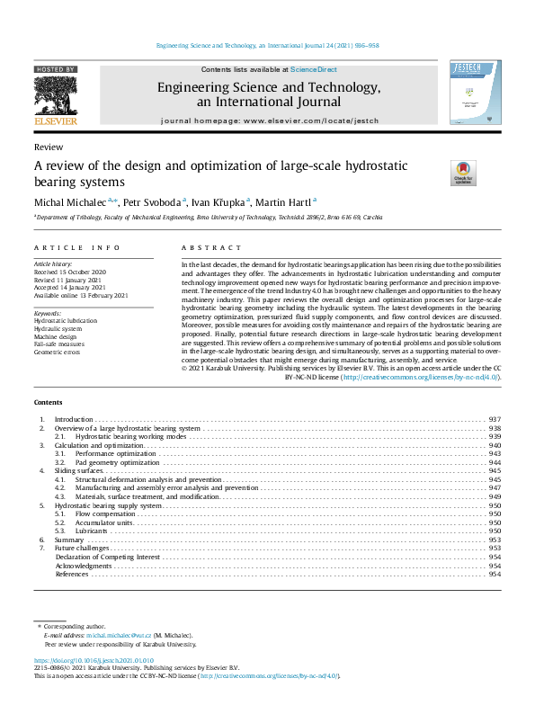 (PDF) A review of the design and optimization of large-scale hydrostatic bearing systems