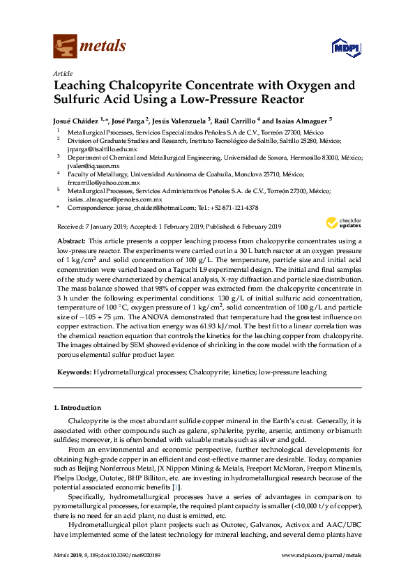 (PDF) Leaching Chalcopyrite Concentrate with Oxygen and Sulfuric Acid Using a Low-Pressure Reactor