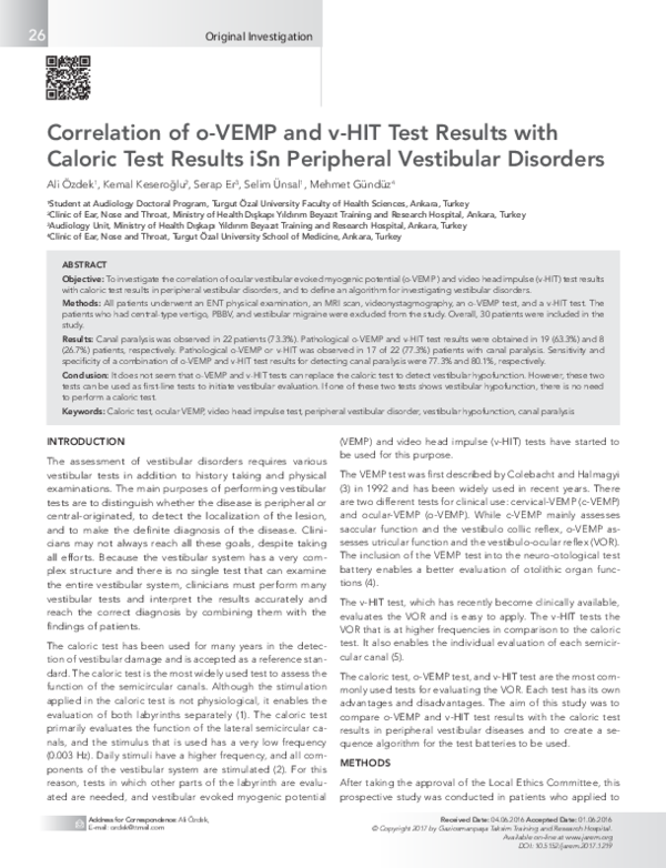 (PDF) Correlation of o-VEMP and v-HIT Test Results with Caloric Test ...