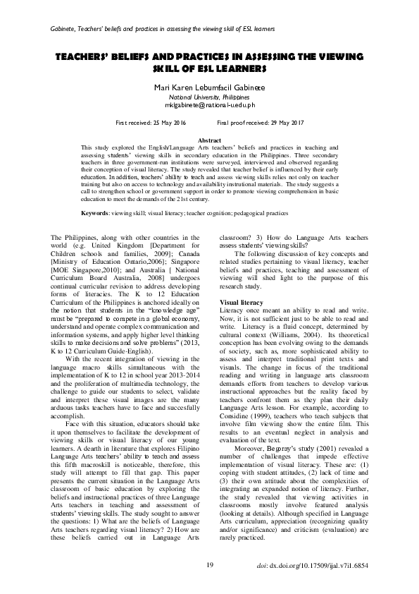 (PDF) Teachers’ Beliefs and Practices in Assessing the Viewing Skill of Esl Learners | Mari ...