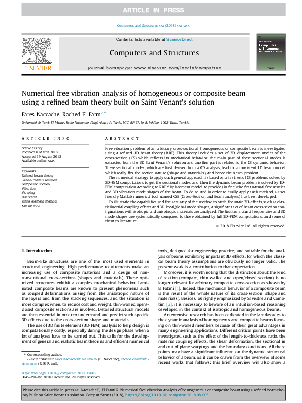(PDF) Numerical free vibration analysis of homogeneous or composite beam using a refined beam ...