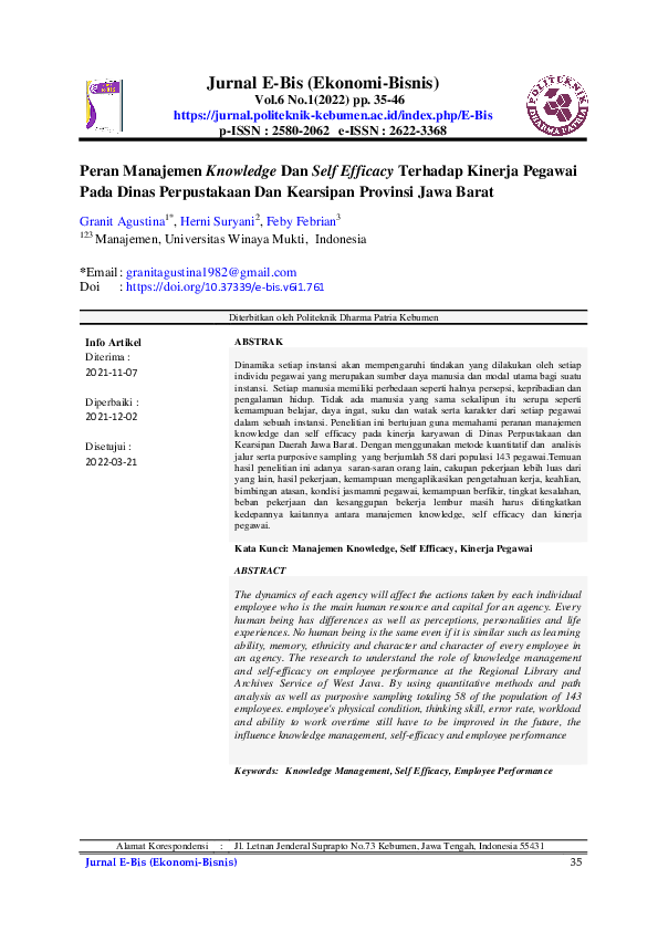 (PDF) Peran Knowledge management Dan Self Efficacy Terhadap Kinerja ...