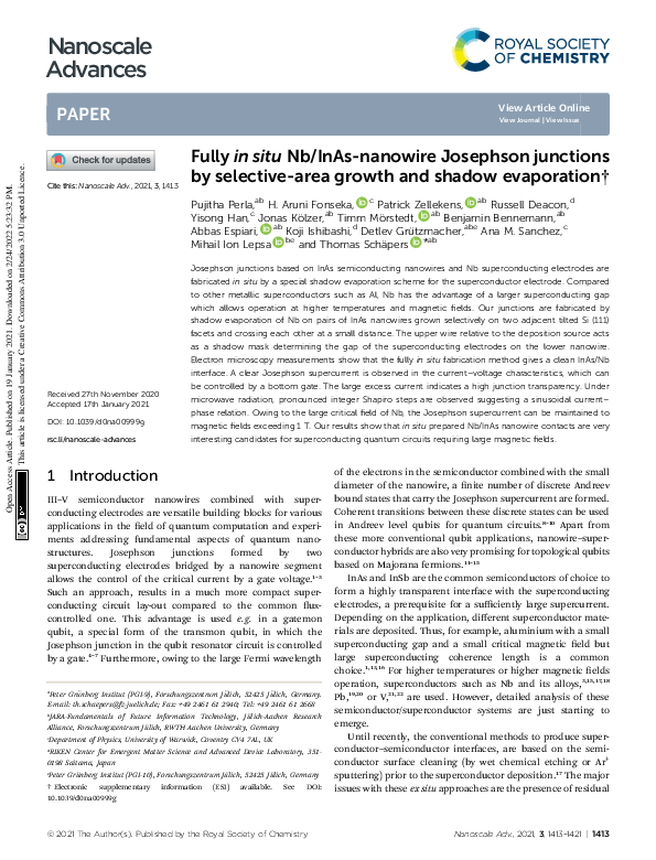 (PDF) Fully in situ Nb/InAs-nanowire Josephson junctions by selective-area growth and shadow ...
