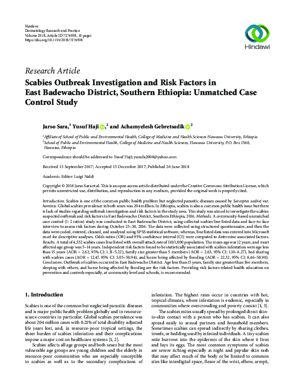 (PDF) Scabies Outbreak Investigation and Risk Factors in East Badewacho ...