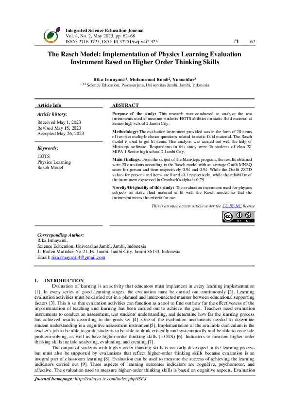 (PDF) The Rasch Model: Implementation of Physics Learning Evaluation Instrument Based on Higher ...