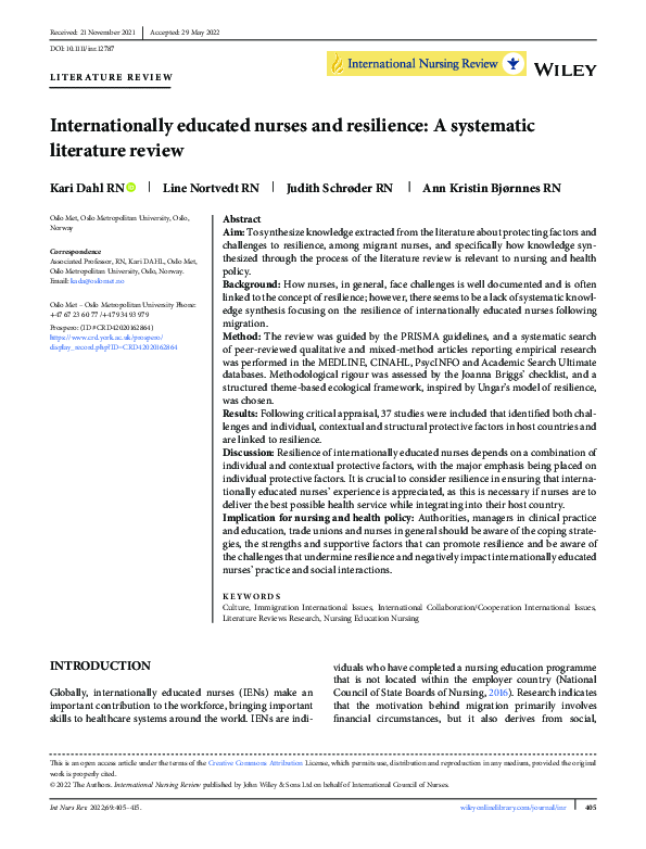 (PDF) Internationally educated nurses and resilience: A systematic literature review