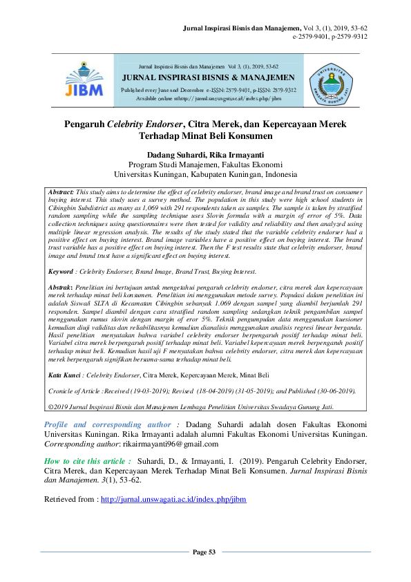 (PDF) Pengaruh Celebrity Endorser, Citra Merek, dan Kepercayaan Merek Terhadap Minat Beli Konsumen