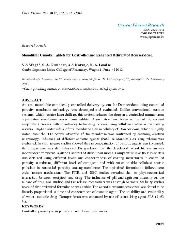 Pdf Monolithic Osmotic Tablets For Controlled And Enhanced Delivery Of Domperidone
