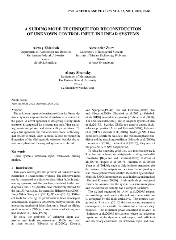 (PDF) A sliding mode technique for reconstruction of unknown control input in linear systems