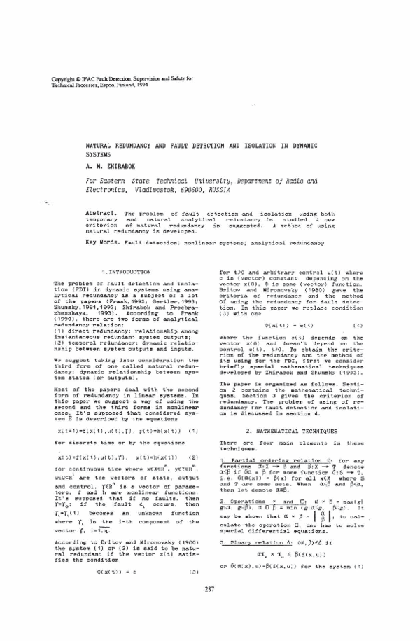 Pdf Natural Redundancy And Fault Detection And Isolation In Dynamic